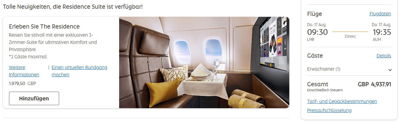 Etihad verkauft Upgrade in The Residence | meilenoptimieren