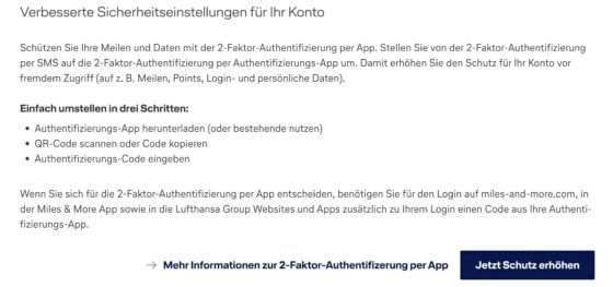 Miles & More: 500 Meilen für 2FA-Aktivierung | meilenoptimieren